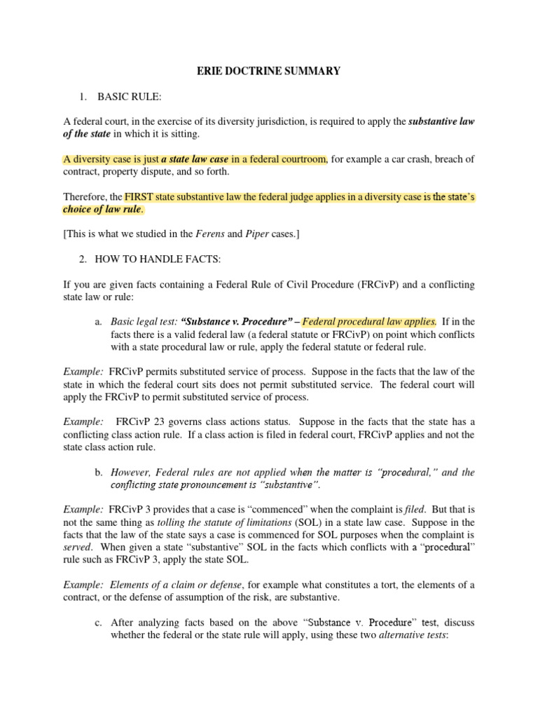 Erie Doctrine Summary | PDF | Diversity Jurisdiction | Law Of The ...