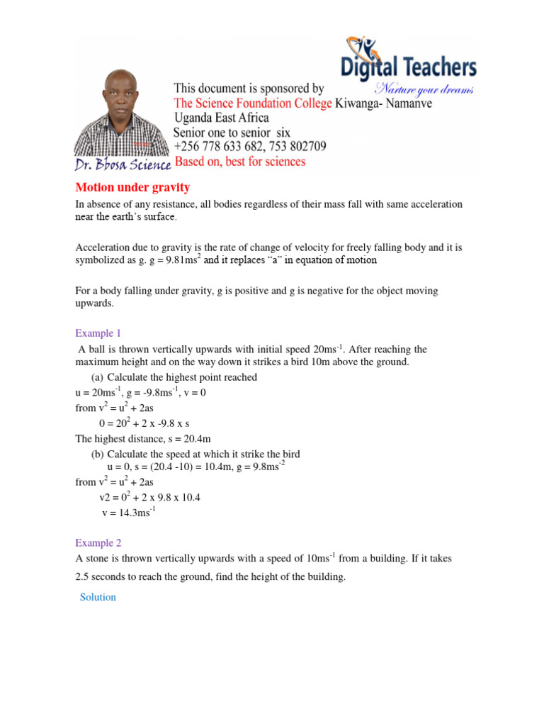 Mechanics Motion Under Gravity and Projectiles | PDF | Physics | Theory ...