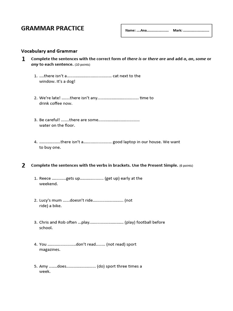 Grammar Practice - V1 | PDF