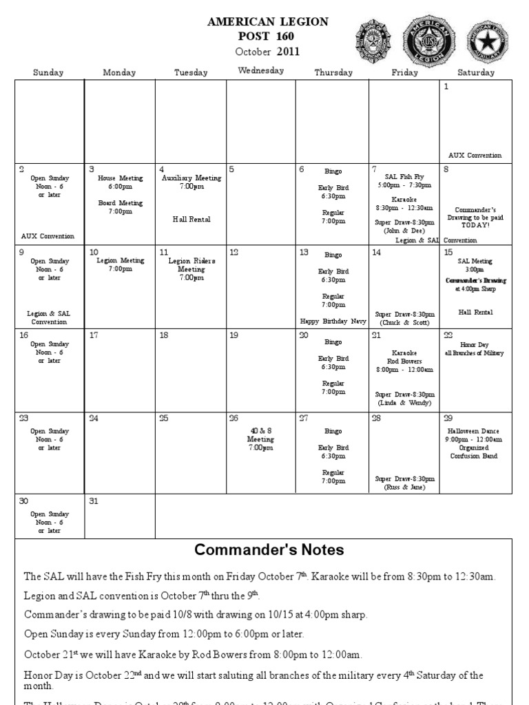 Legion Calendar Oct 2011 | PDF | Sports & Recreation | Cooking, Food & Wine
