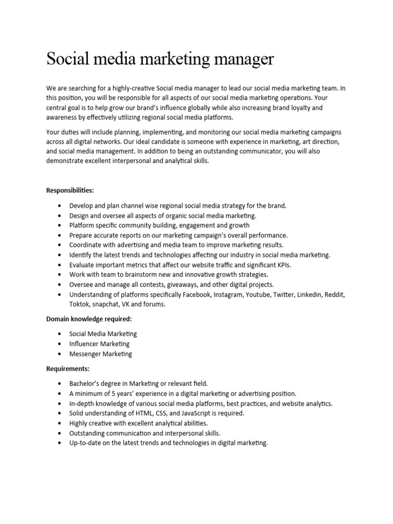 Job Description Social Media Manager-2 | PDF