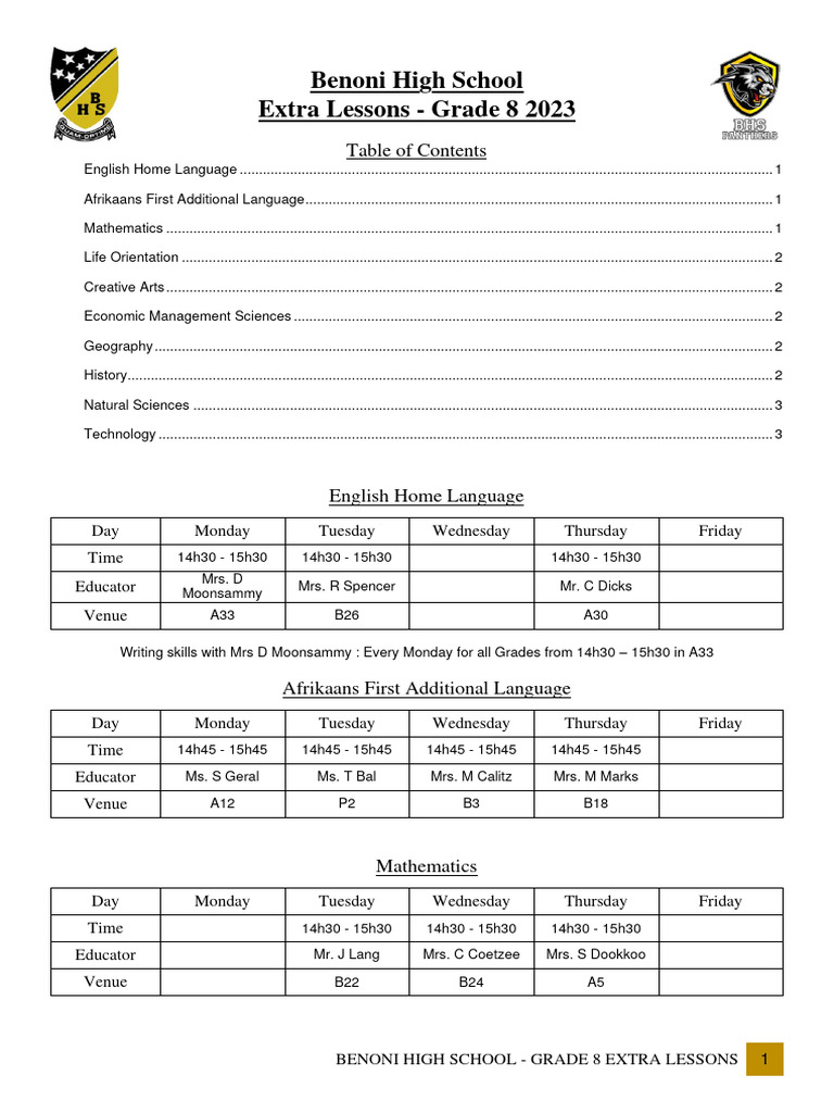 Benoni High School Grade 8 Extra Lessons 1 | PDF