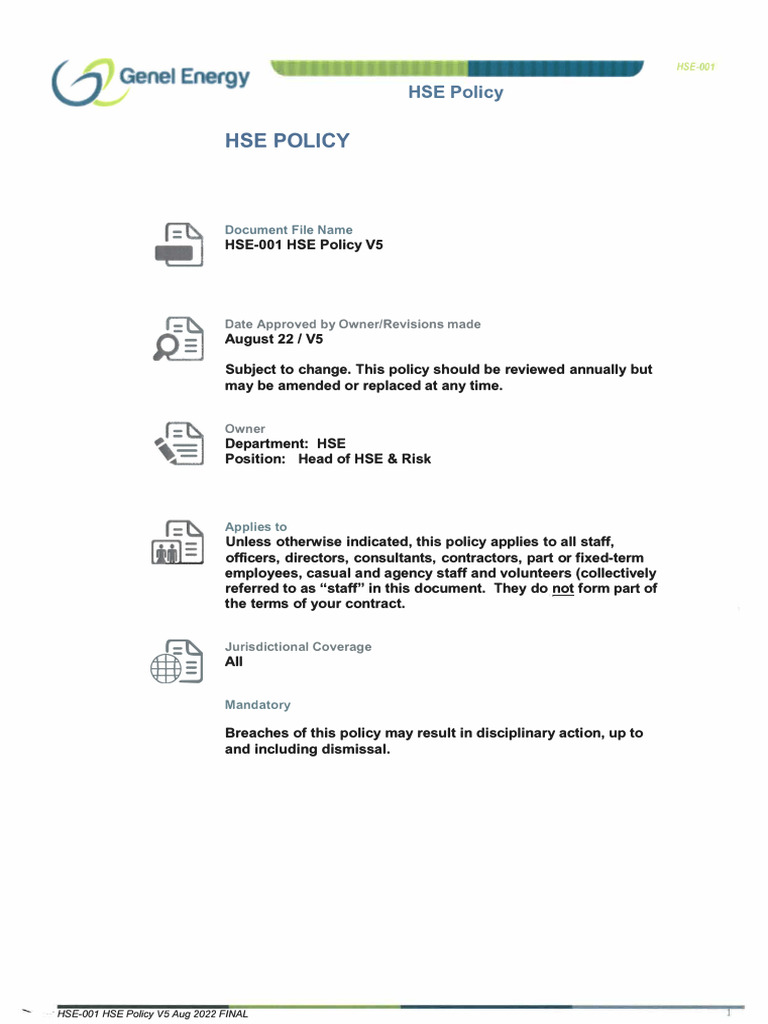 Updated HSE Policy | PDF | Occupational Safety And Health | Policy