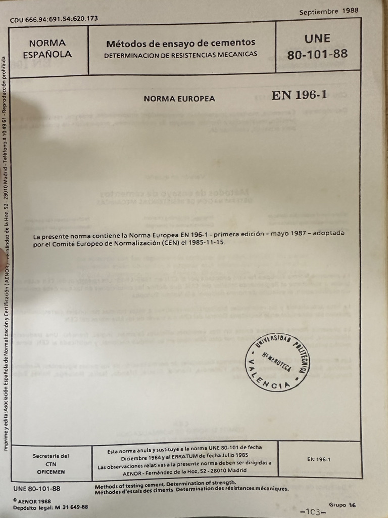NORMA EUROPEA en 196-1 - UNE 80-101-88 Métodos de Ensayos de Cementos | PDF