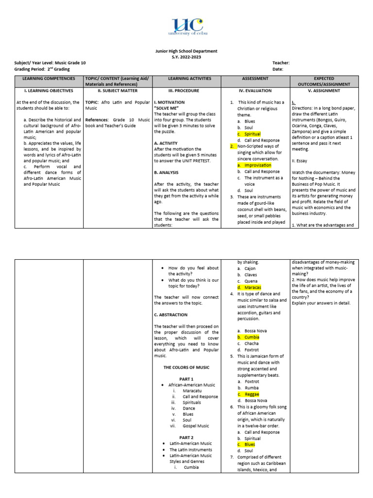 JHS Lesson Plan To All | PDF | Musical Subgenres | Performing Arts