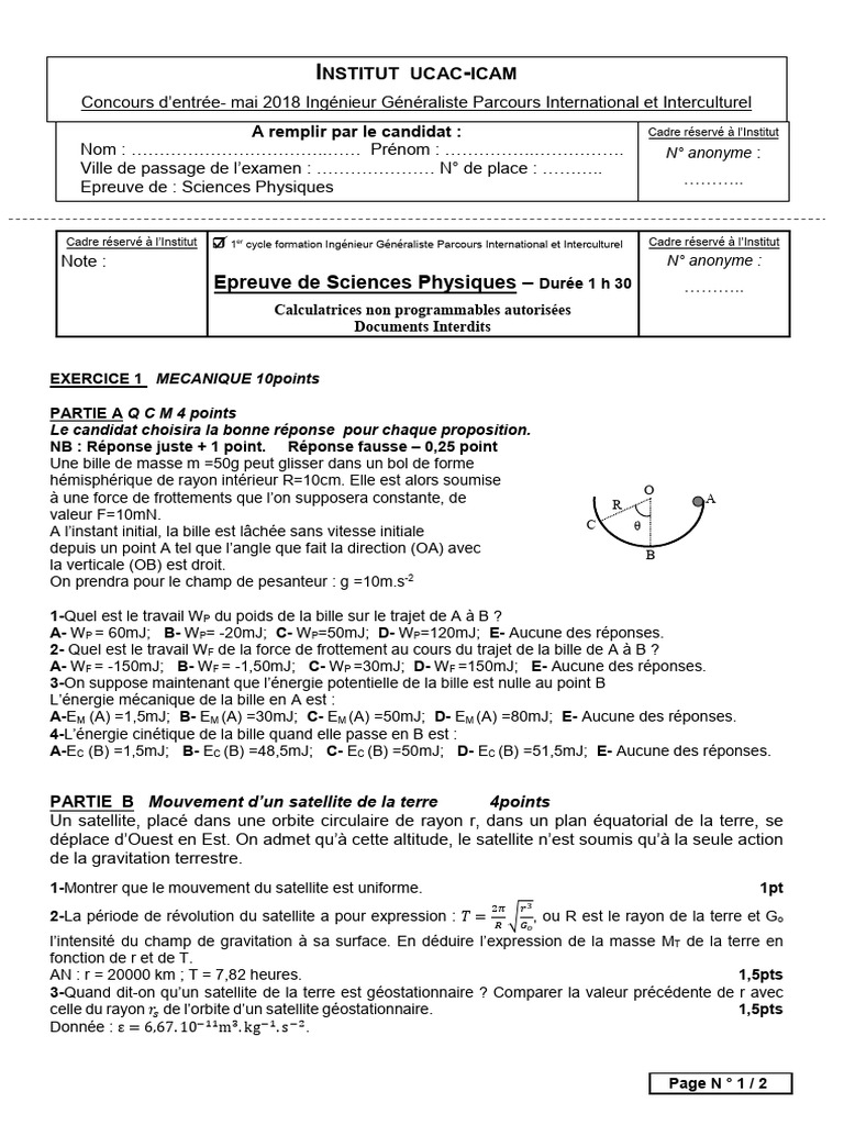 Concours Physique UCAC-ICAM 2018 | PDF | Satellite | Orbite