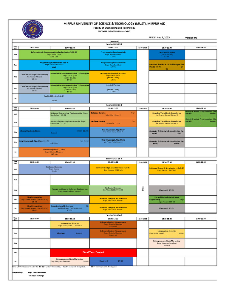 Timetable Software Engineering Fall 2023 Section B Version1 | PDF | Computer Science | Science