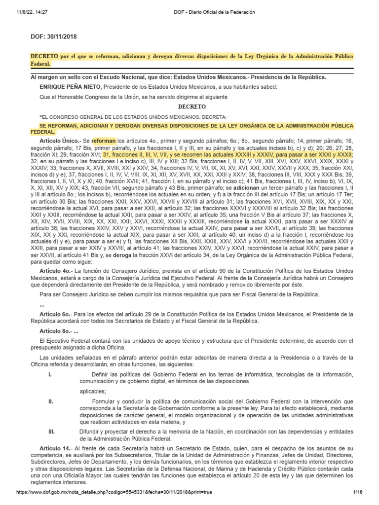 Dof - 30.11.2018 Reformas Loapf | PDF | Policía | México