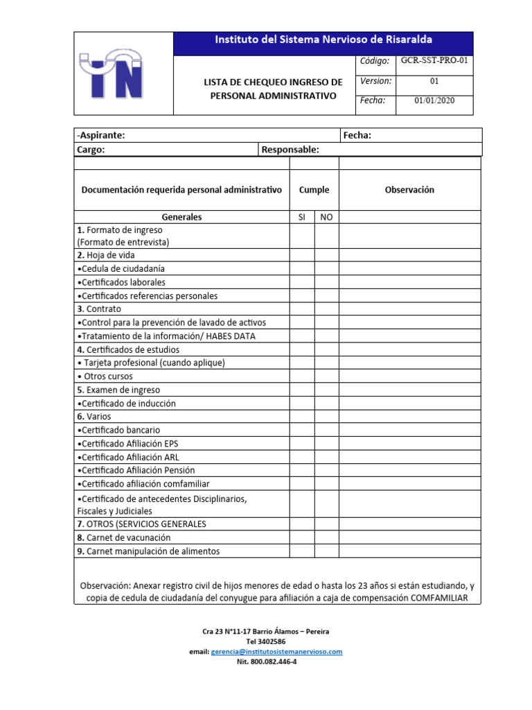 Lista de Chequeo Personal Administrativo | PDF