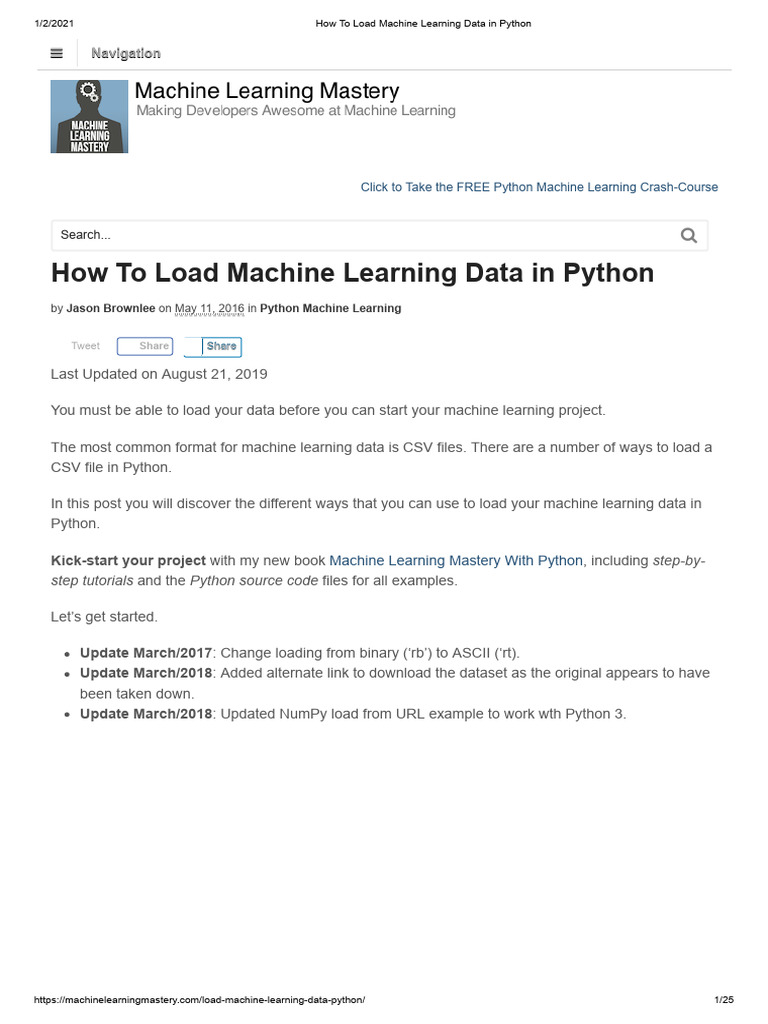 How To Load Machine Learning Data In Python Pdf Comma Separated Values Machine Learning