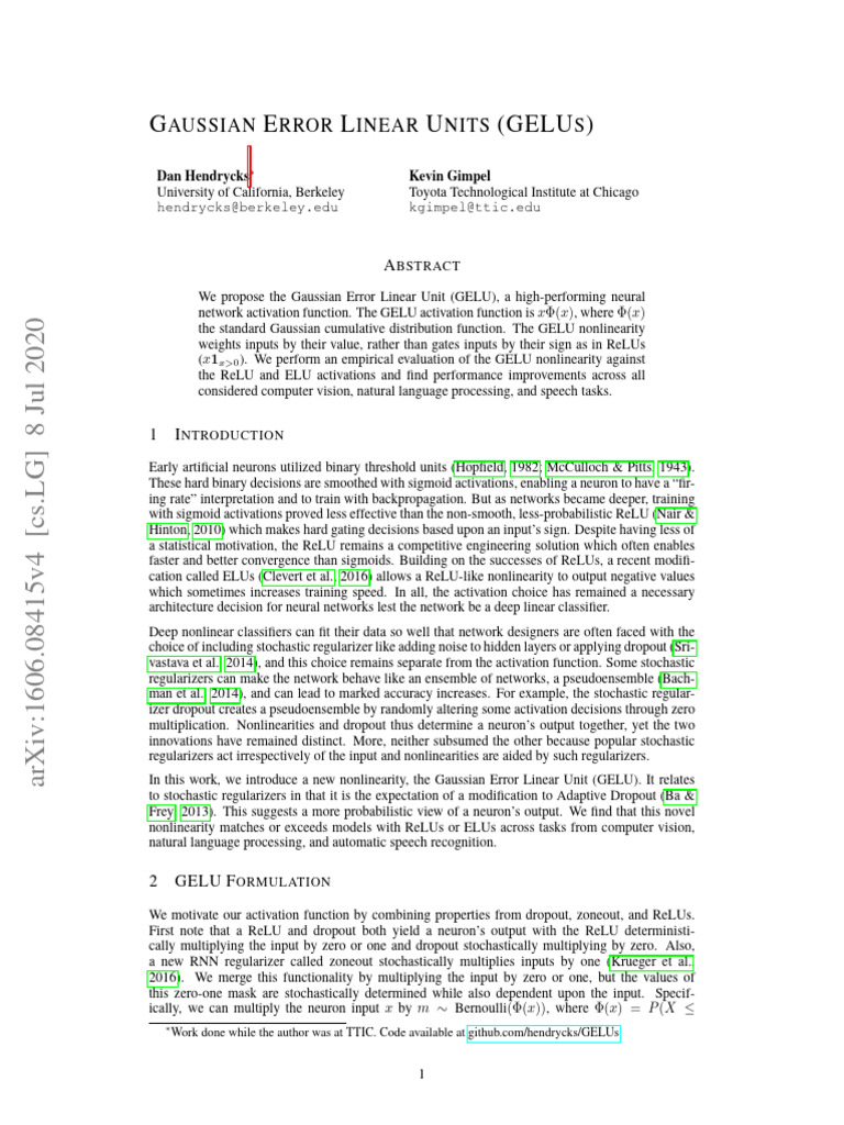 (2020) Gaussian Error Linear Units (Gelus) | PDF | Artificial Neural Network | Normal Distribution