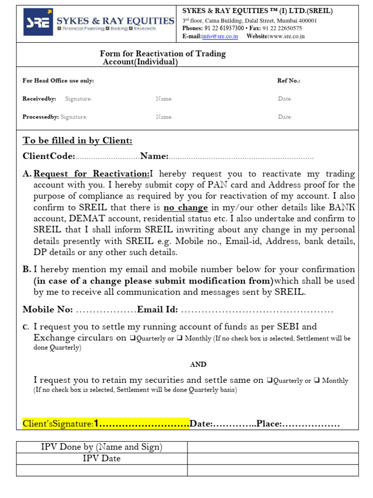 Reactivation Form (New) INDIVIDUAL New | PDF