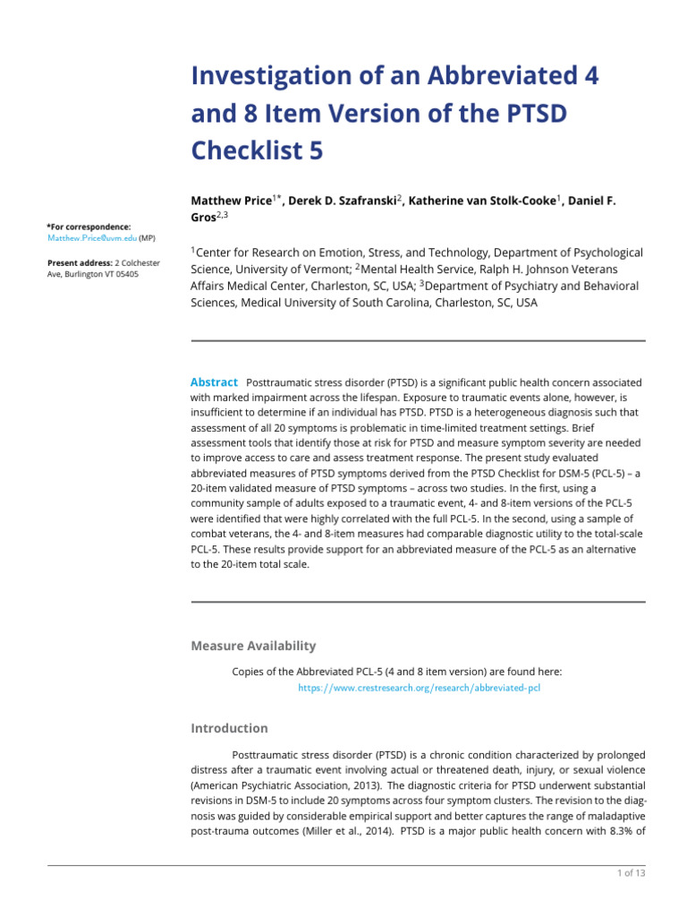 Price Investigation of An Abbreviated 4 and 8 Item Version of The PTSD ...