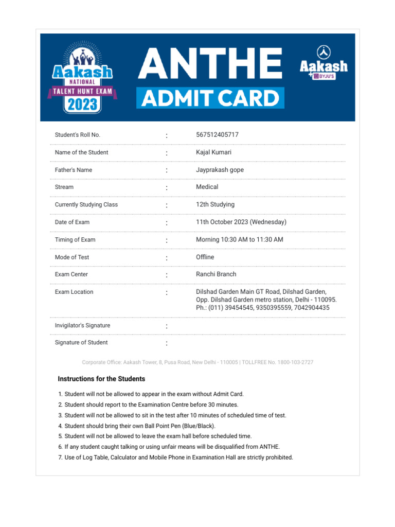 Admitcard - Scholarships Exam | PDF