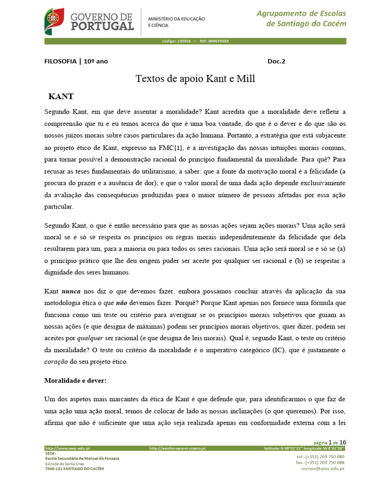 Textos de Apoio Kant e Mill | PDF | Utilitarismo | Immanuel Kant