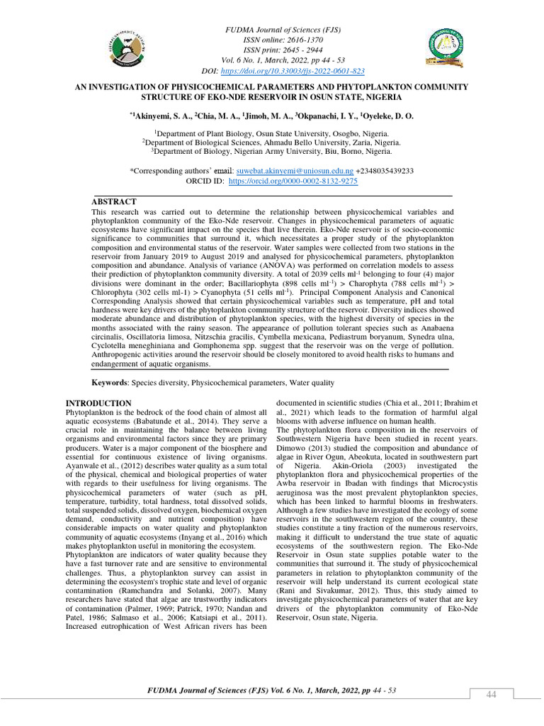 Dr. Akinyemi FUDMA Journal 2022 | PDF | Phytoplankton | Magnesium