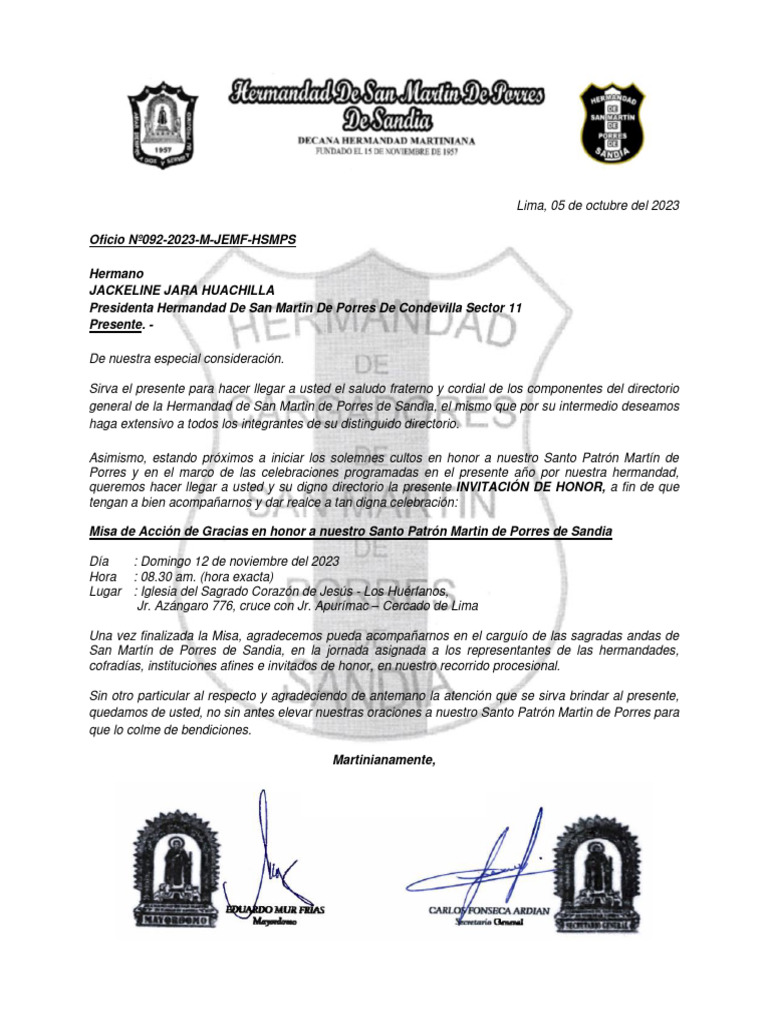 Oficio 092-2023 Hermandad de San Martin de Porres de Condevilla Sector 11 | PDF