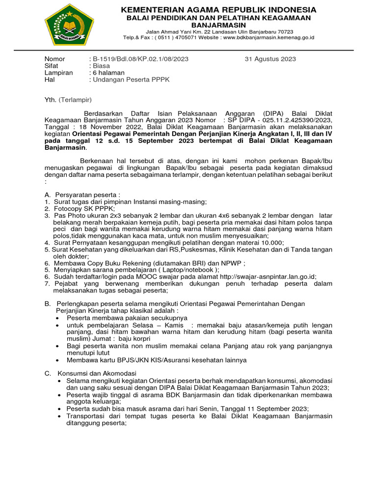 Surat Undangan Orientasi PPPK Tanggal (12 - 15 Sep) | PDF