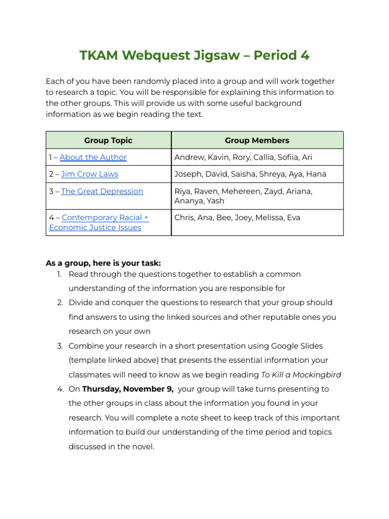 TKAM Research Project Guide | PDF | Harper Lee | Jim Crow Laws