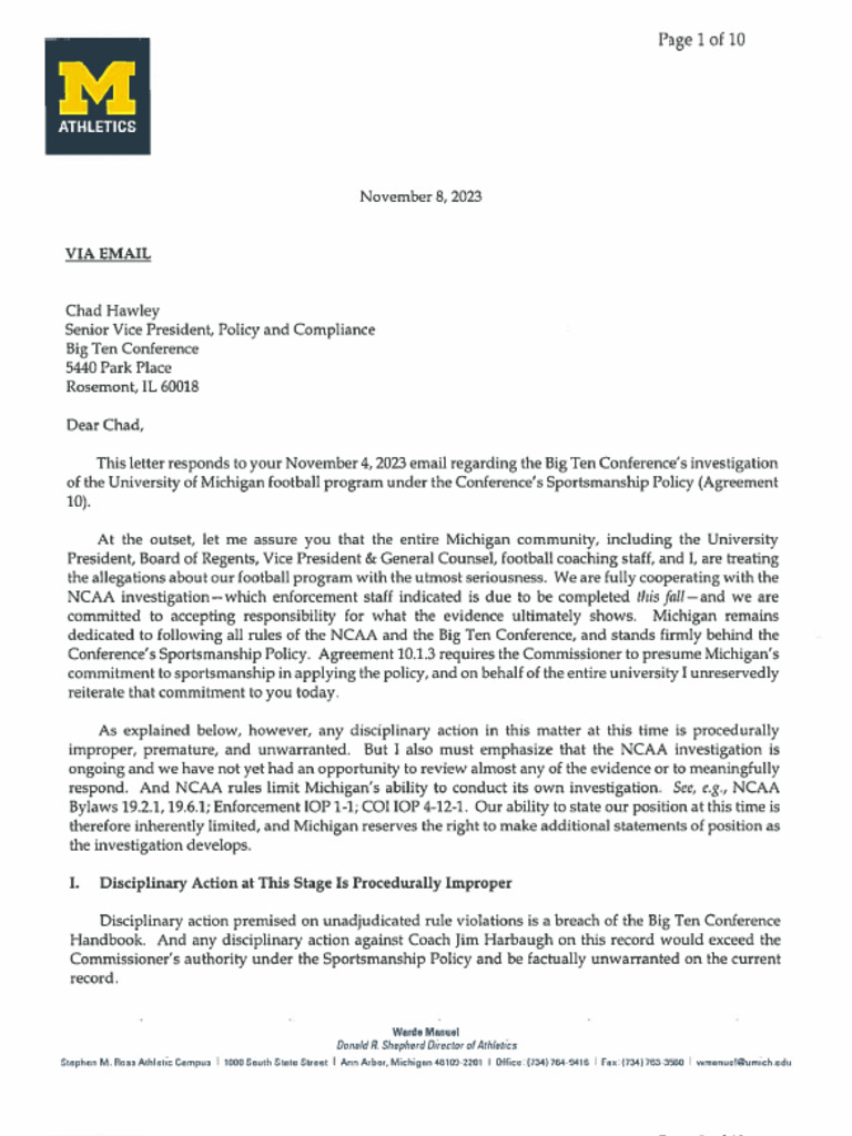 University of Michigan Athletics Response To NCAA Investigation | PDF