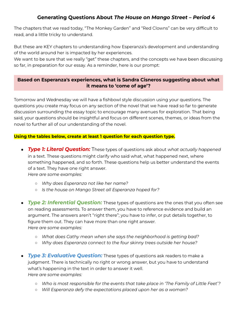 PERIOD 4 DISCUSSION QUESTIONS: 'The Monkey Garden and Red Clowns' | PDF