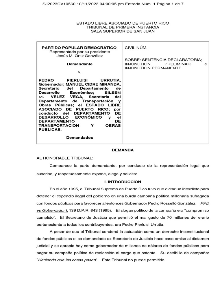 Demanda Del PPD Contra El Gobierno de Puerto Rico | PDF | Puerto Rico ...