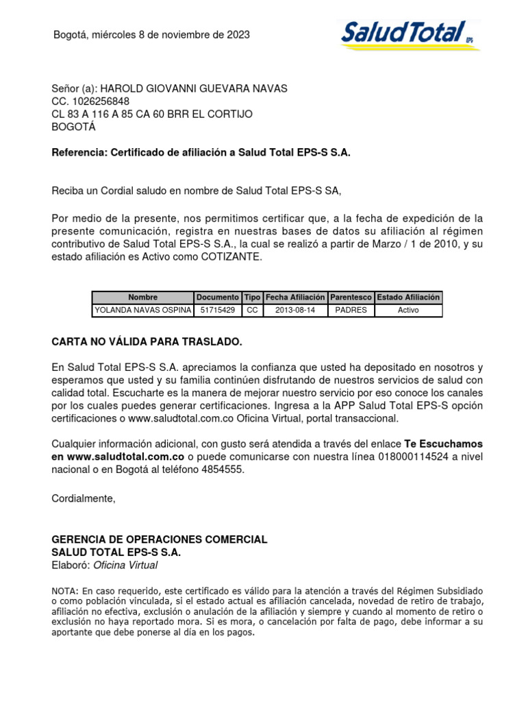 Certificado de Afiliación Salud Total EPS | PDF