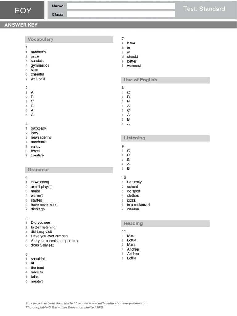 A1PLUS End of Year Test Standard Answer Key | PDF | Linguistics | Learning