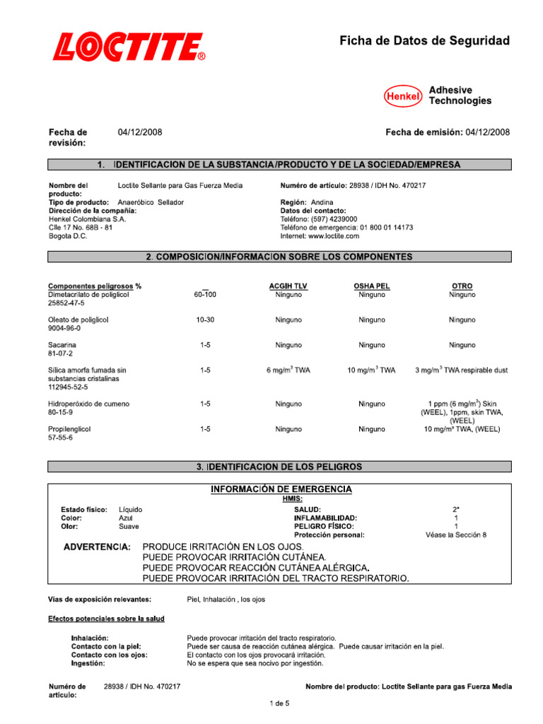 Ficha de Datos de Seguridad Loctite de Fuerza Media | PDF