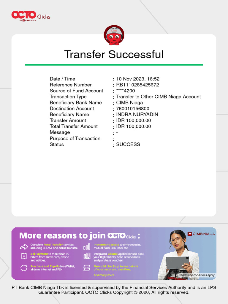 Transfer To Other Cimb Niaga Account - RB1110285425672 | PDF