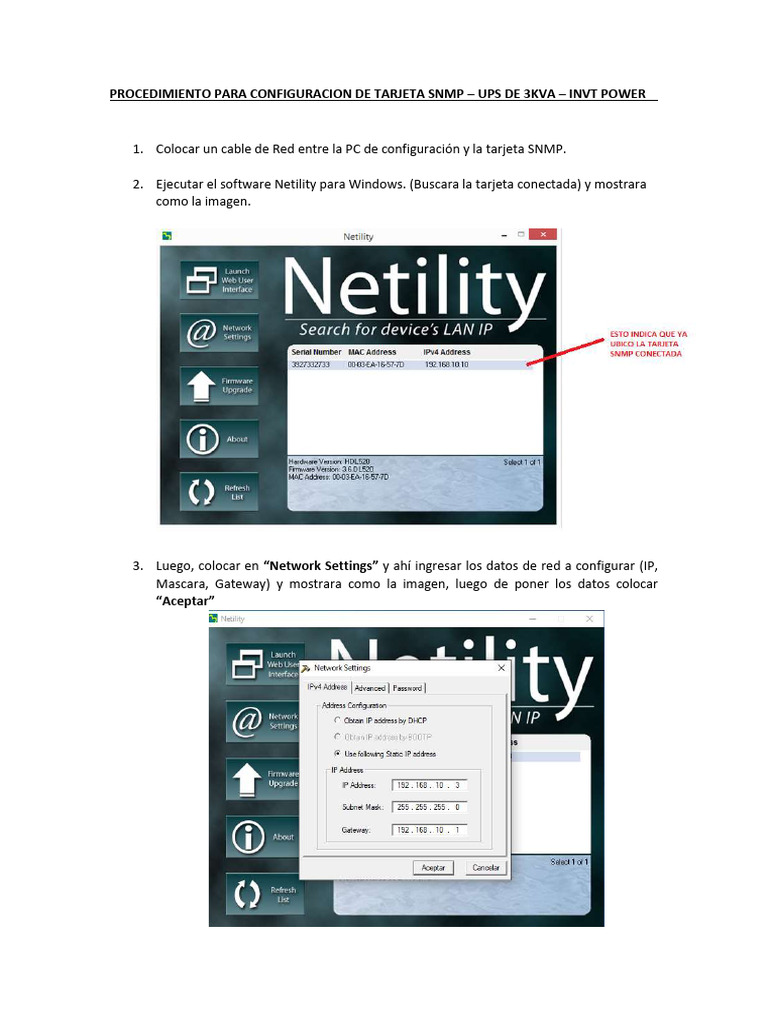 Procedimiento para Configuracion de Tarjeta SNMP Monofasico - Invt | PDF
