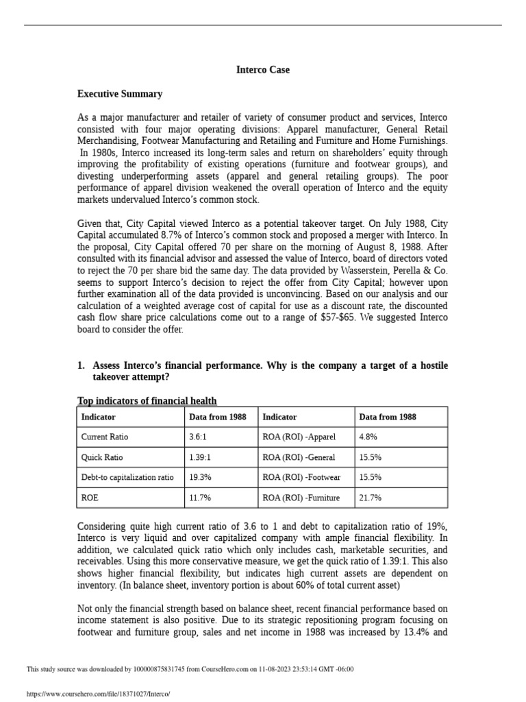 Interco Case Solution | PDF | Discounted Cash Flow | Valuation (Finance)