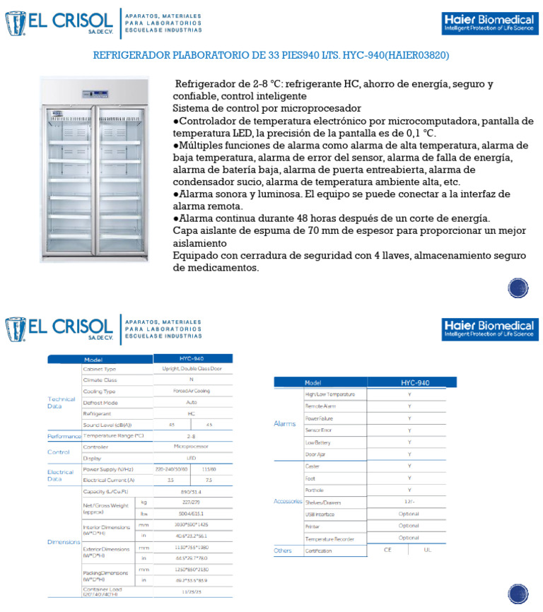 Refrigerador Plaboratorio de 33 Pies940 Lts. Hyc-940 (Haier03820) | PDF