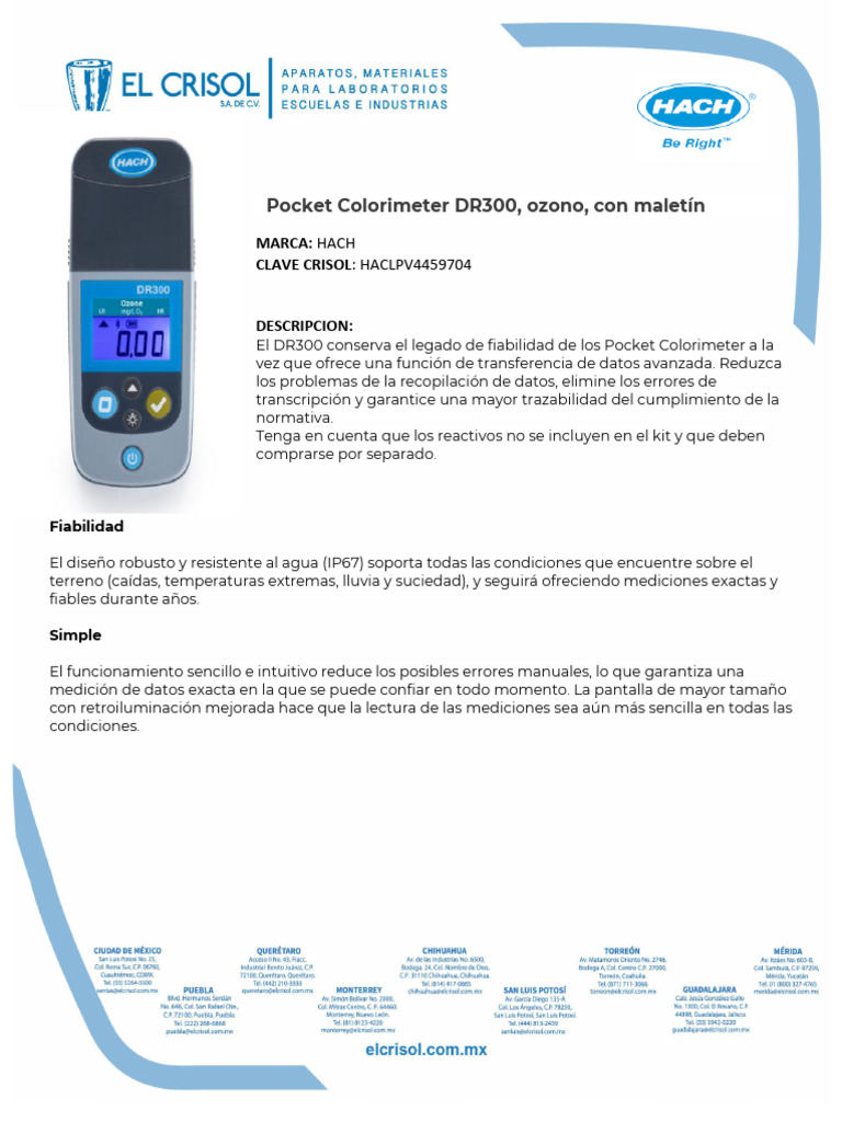 Pocket Colorimeter DR300, Ozono, Con Maletín HACLPV4459704 | PDF
