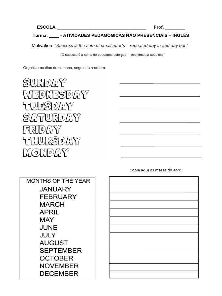 Days Of The Week And Months Of The Year Pdf