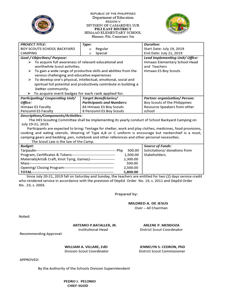 Project Proposal For BSP School Backyard Camping | PDF | Scouting ...