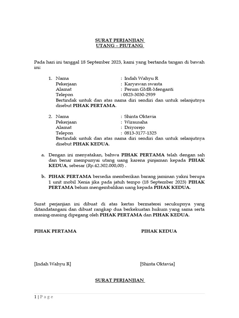 Surat Perjanjian Utang Piutang 2023 | PDF