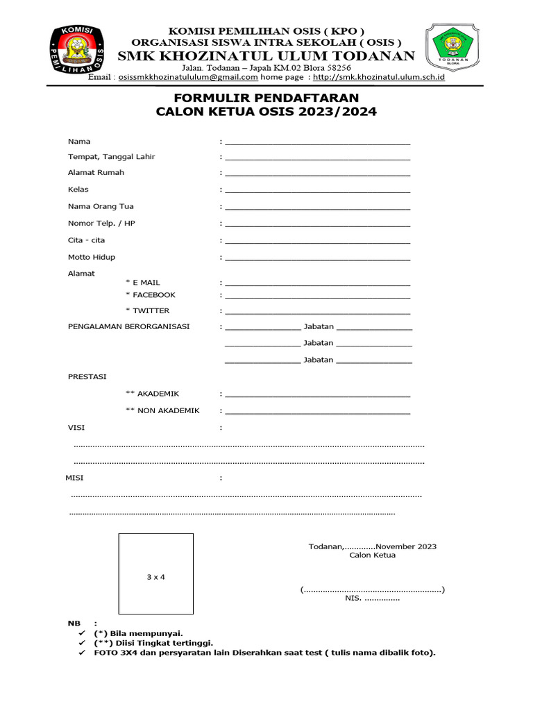 Formulir Pendaftaran Ketua Osis | PDF