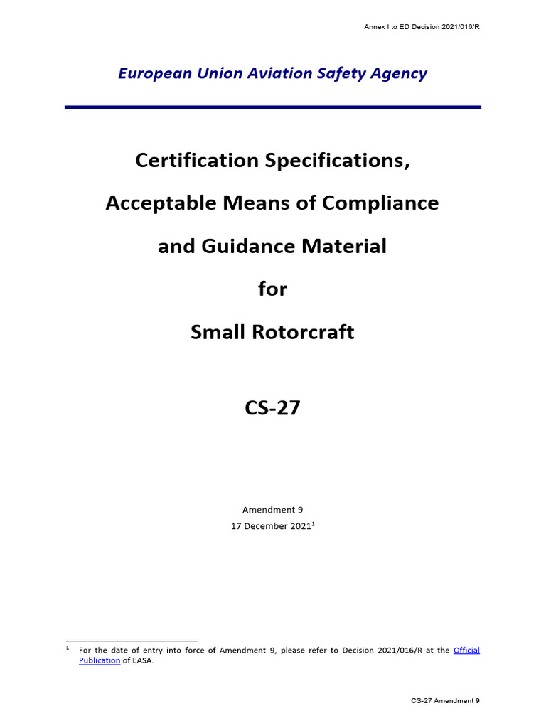EASA CS-27 Small Rotorcraft Specs | PDF | Rotorcraft | Helicopter