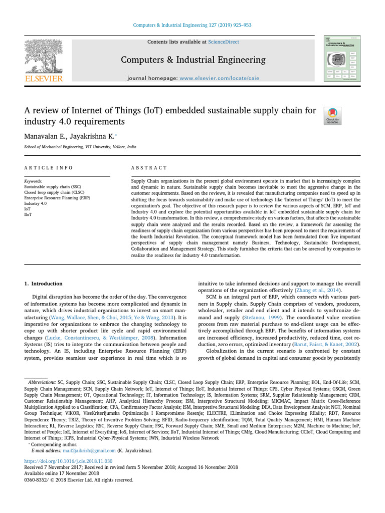 A Review Of Internet Of Things Iot Embedded Sustainable Supply Chain
