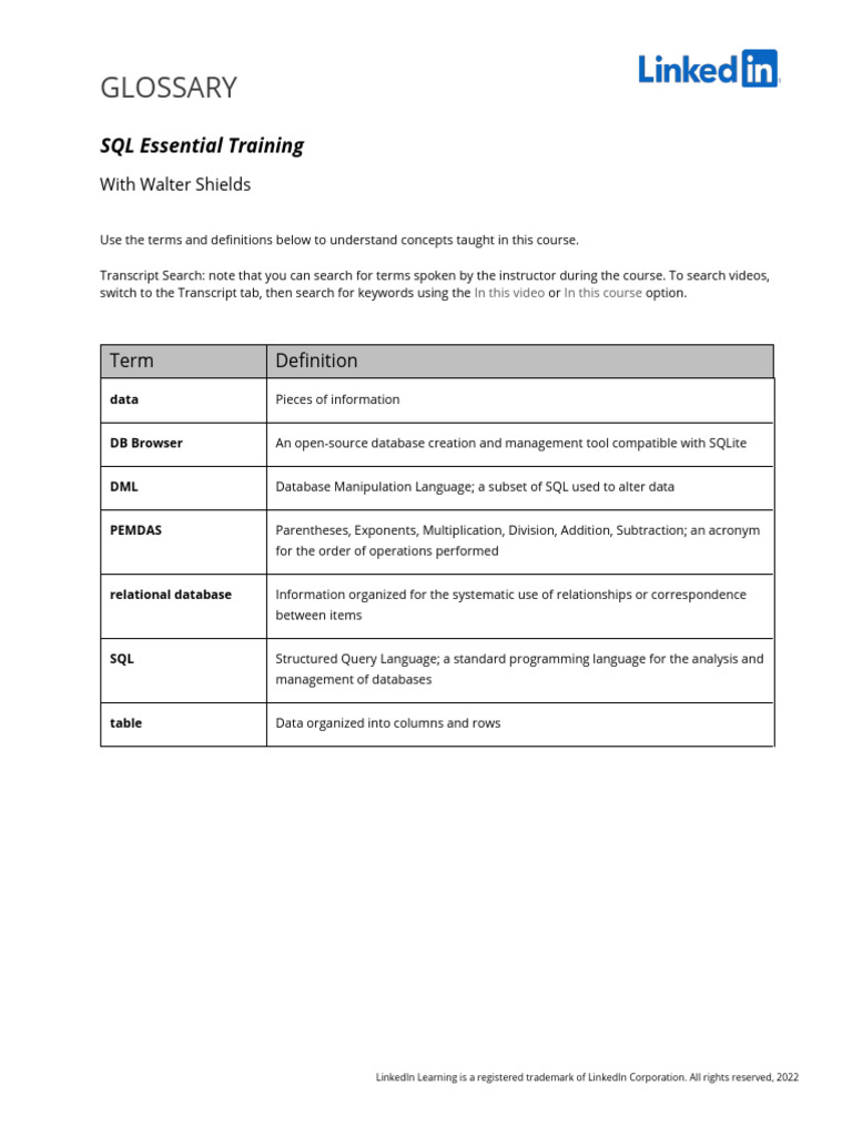 Glossary SQL EssentialTraining | PDF Glossary SQL EssentialTraining | PDF