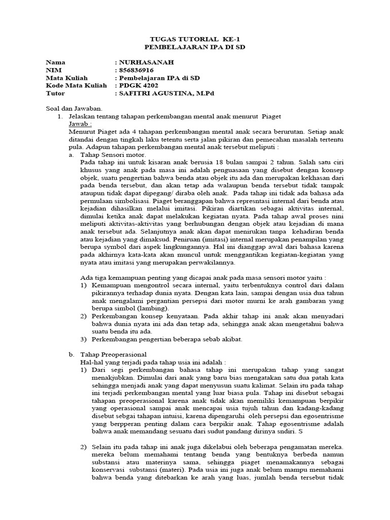 Tugas 1 Pembelajaran IPA SD | PDF | Karier & Perkembangan | Sains ...