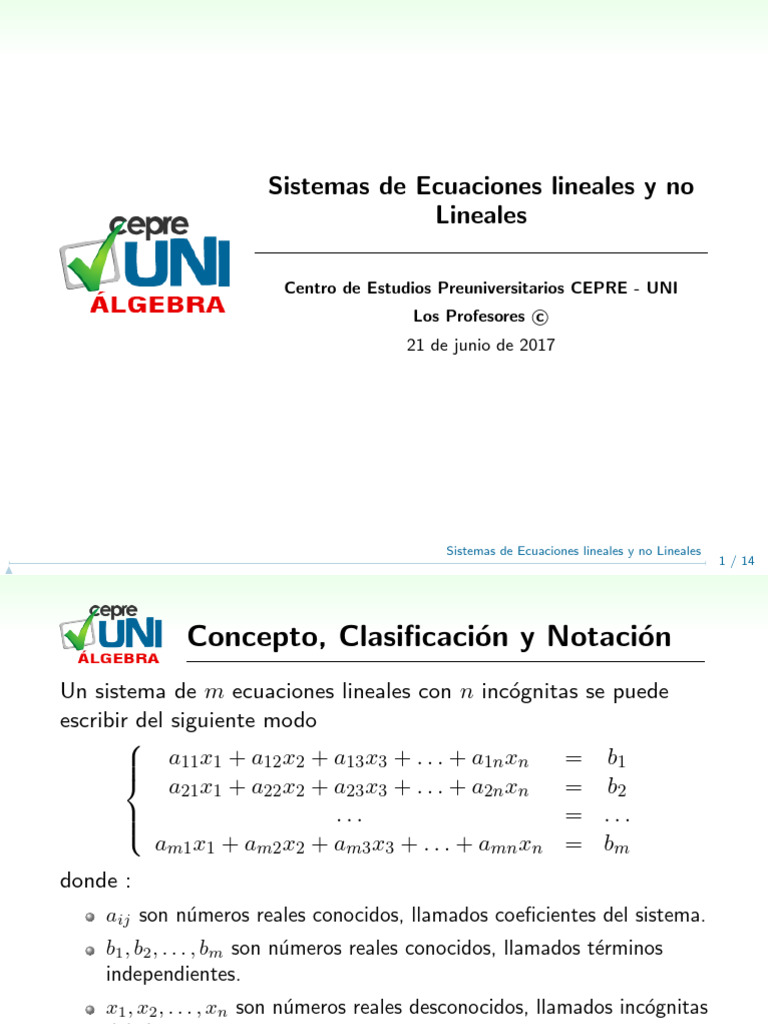 Álgebra CepreUni – Sesión 16.1 [ Sistemas de Ecuaciones lineales y no Lineales ] | PDF | Matriz ...