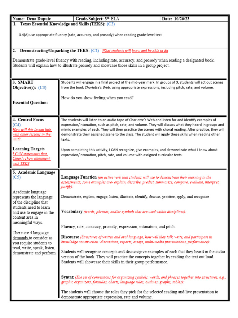 3rd Grade ELA TEKS Lesson Plan | PDF | Learning | Vocabulary