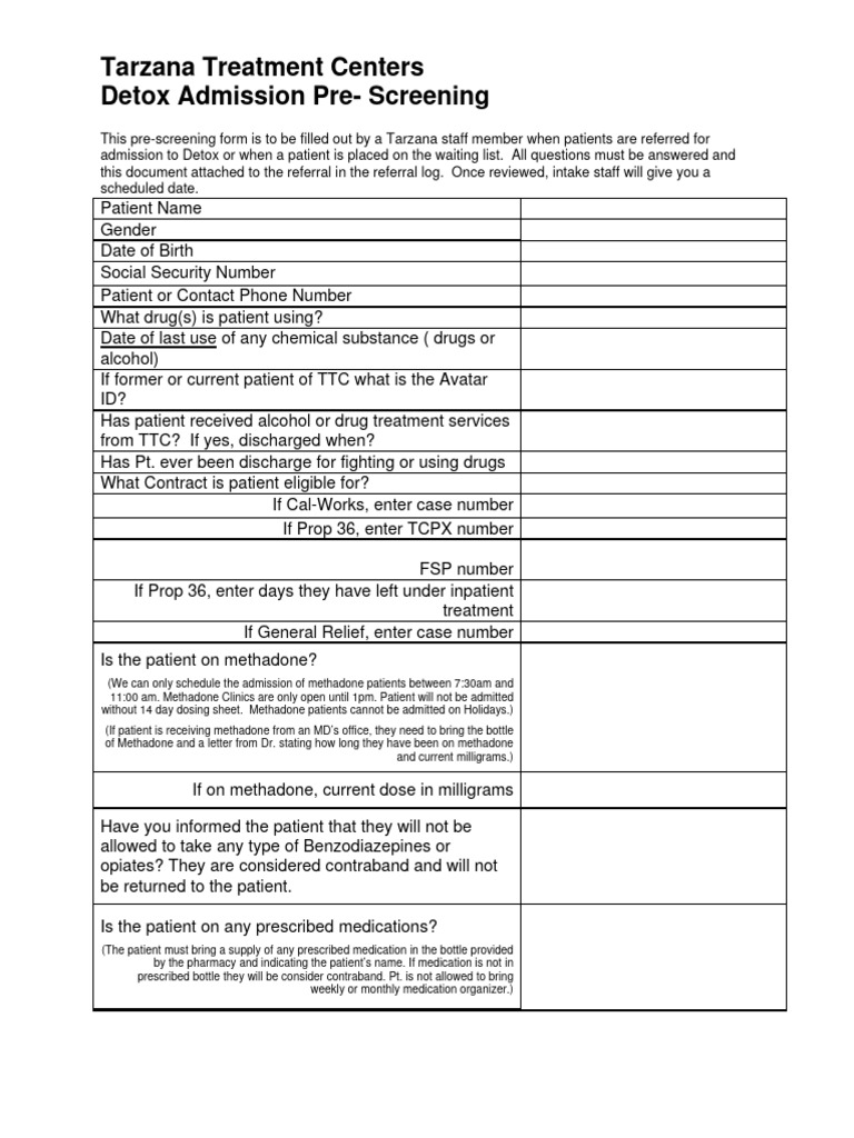 Inpatient Detox Admission Pre Screening | PDF | Patient | Psychiatry