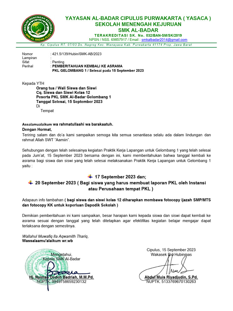 Kembali Ke Asrama Gelombang 1 PKL | PDF