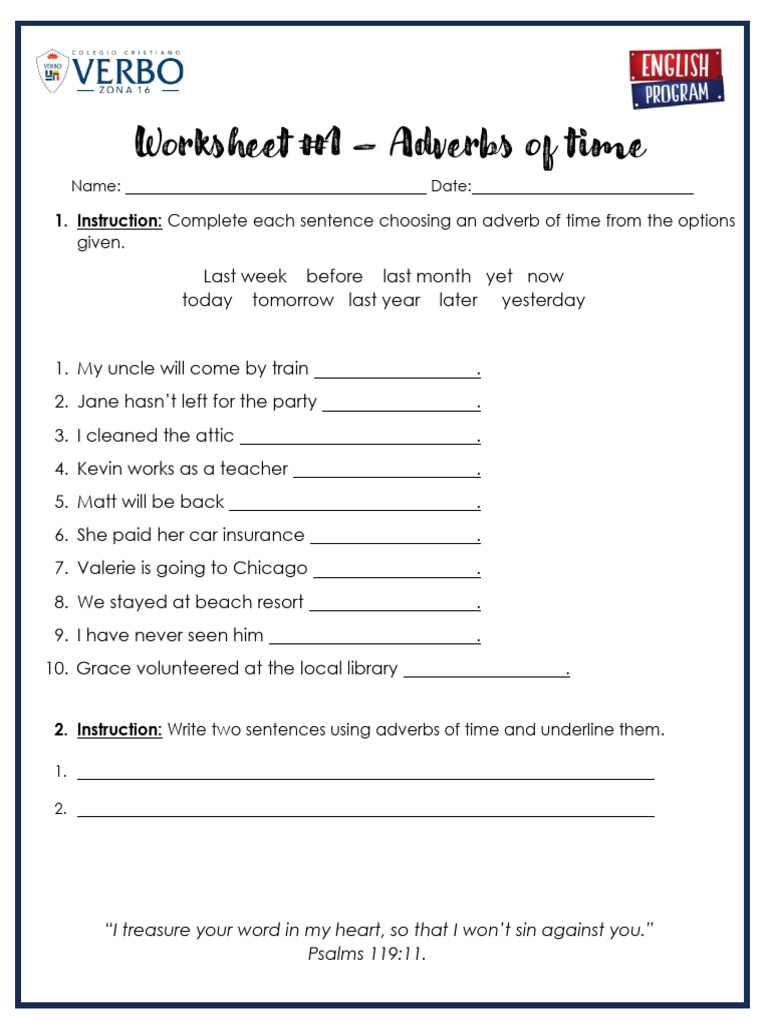 Worksheet #1 - Adverbs of Time | PDF | Linguistics
