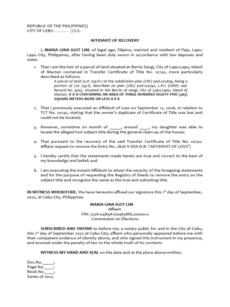 Affidavit of RECOVERY | PDF | Affidavit | Civil Law (Common Law)