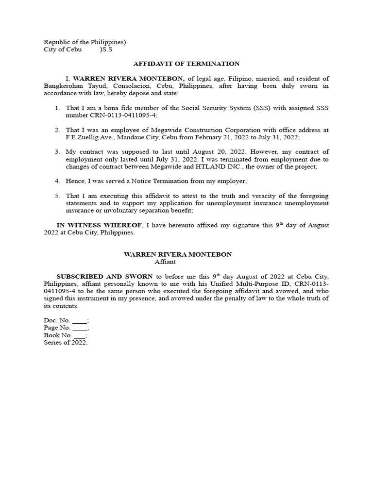 Affidavit of Employment Termination | PDF | Law
