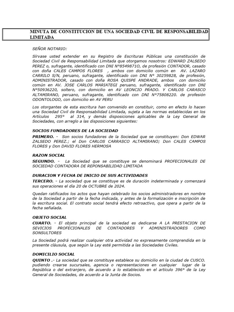Minuta de Constitucion de Una Sociedad Civil de Responsabilidad Limitada | PDF | Liquidación ...